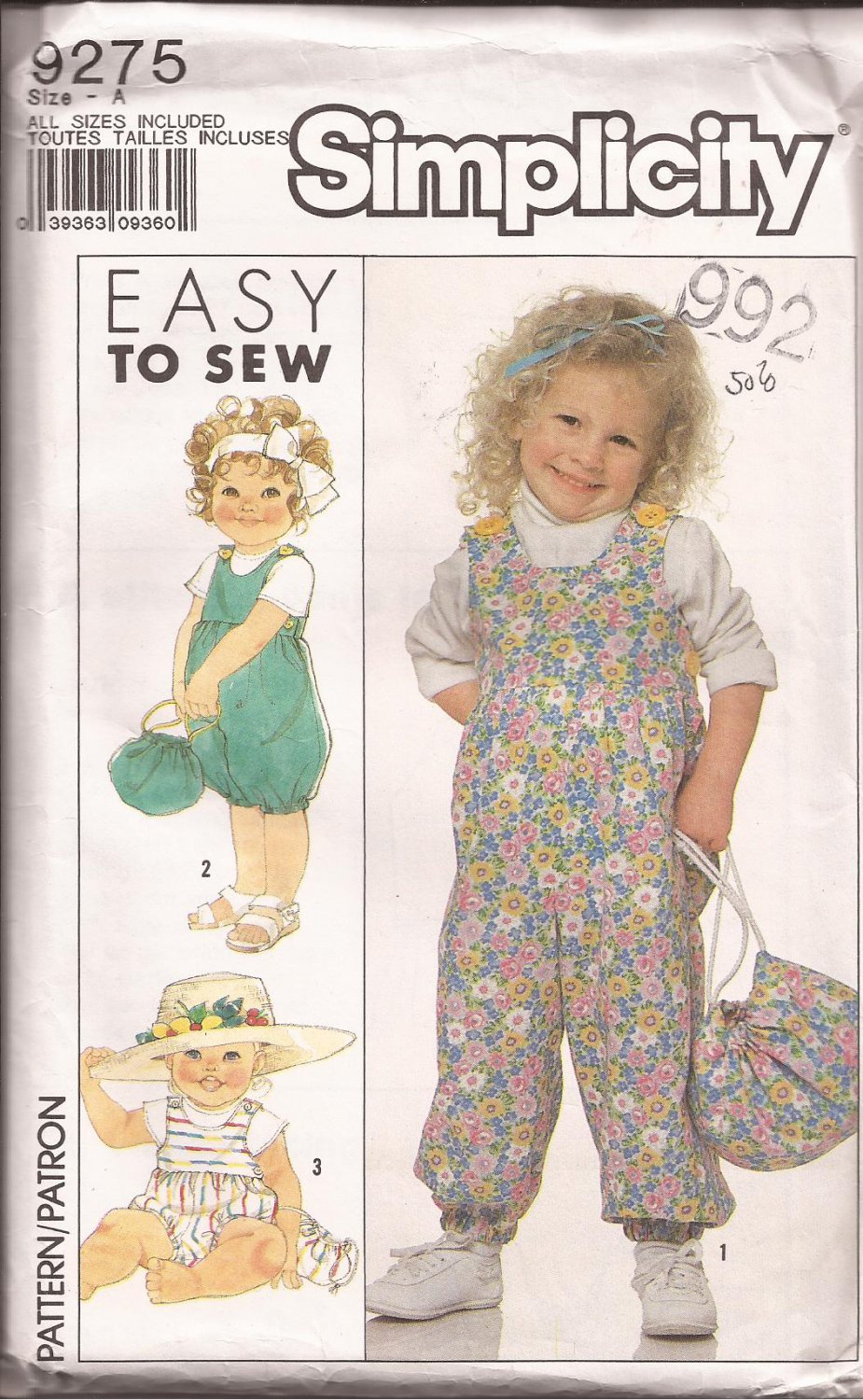 Simplicity 9275 (1989) Child Toddler Girls Overalls Carry Bag Pattern ...