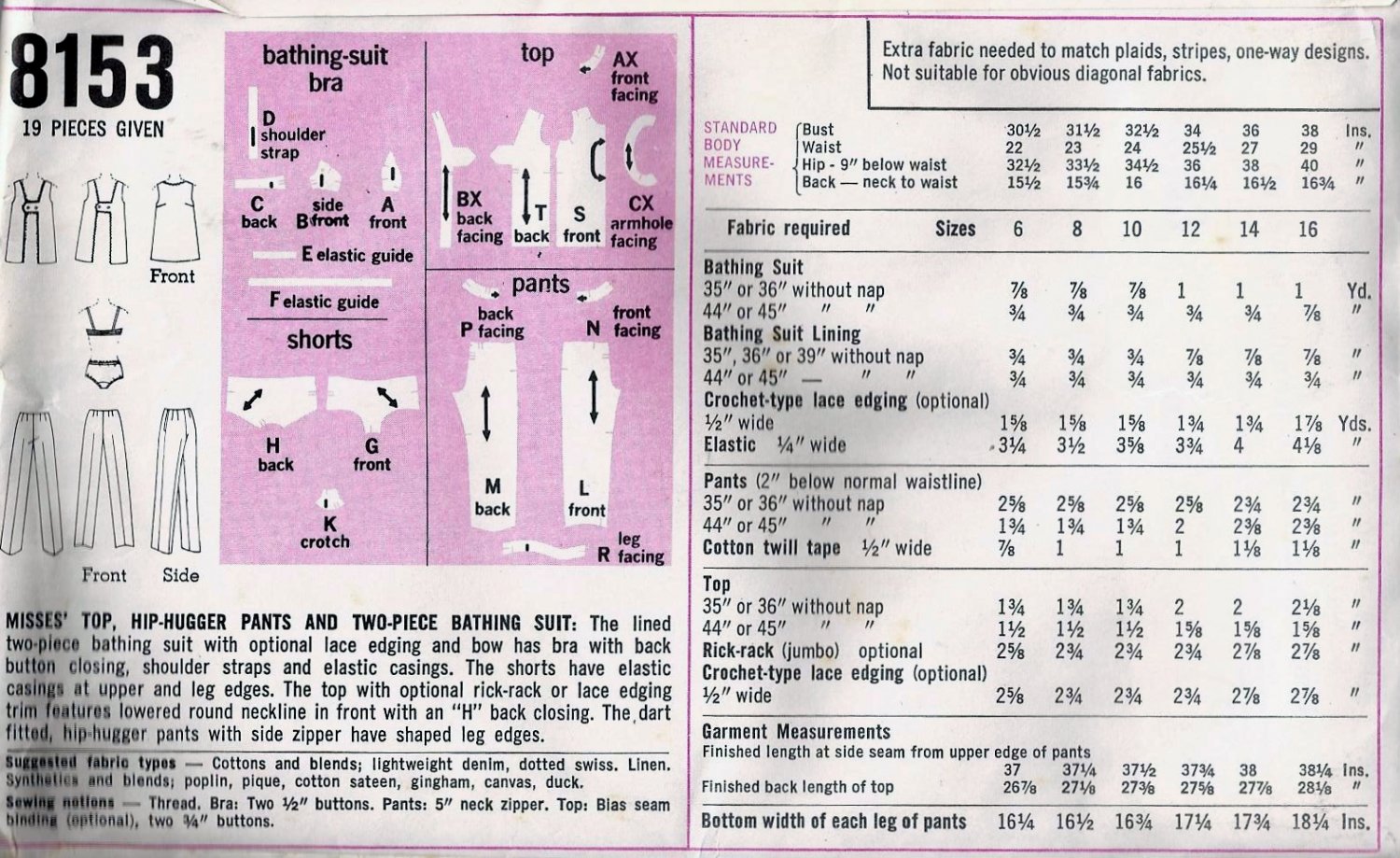 Simplicity 8153 (1969) Vintage Back Button Top Hip Hugger Pants Bikini ...