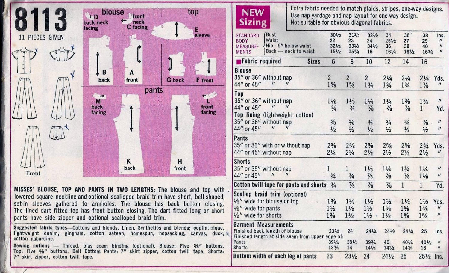 Simplicity 8113 (1969) Vintage Midi Top Back Button Blouse Pants Shorts ...