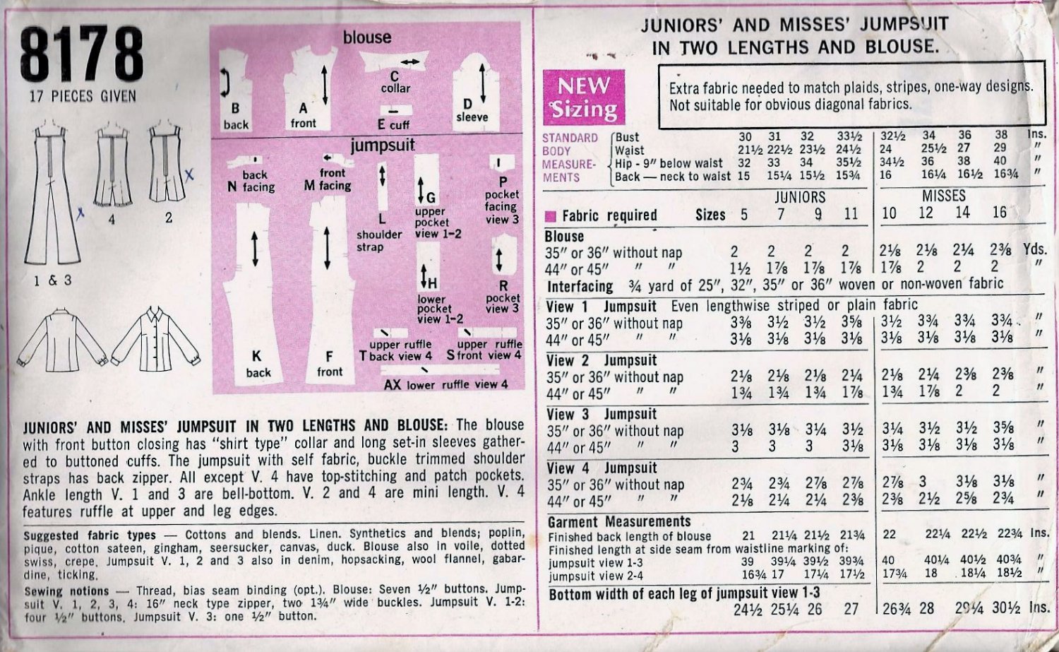 Simplicity 8178 (1969) Vintage Bell-Bottom Jumpsuit Overalls Blouse ...