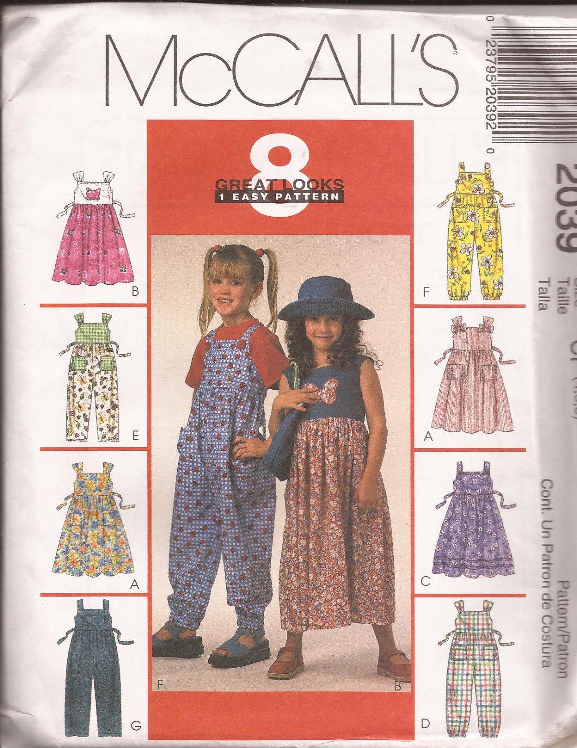 McCalls 2039 (1999) Childs Girls Jumper Jumpsuit Dress Applique Tie ...