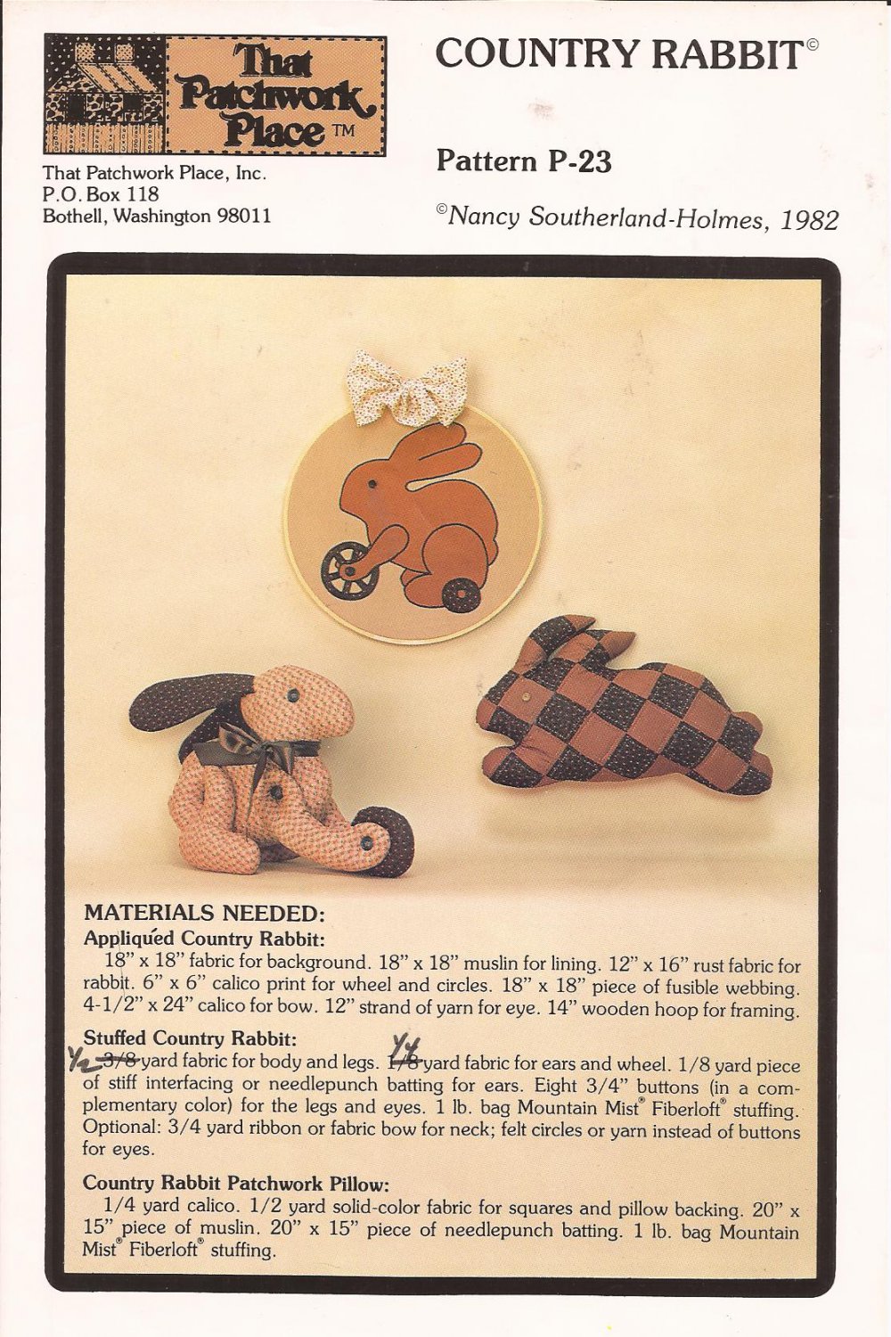 P-23 Applique Hoop Stuffed Jointed Patchwork Pillow Country Rabbit 1982 ...