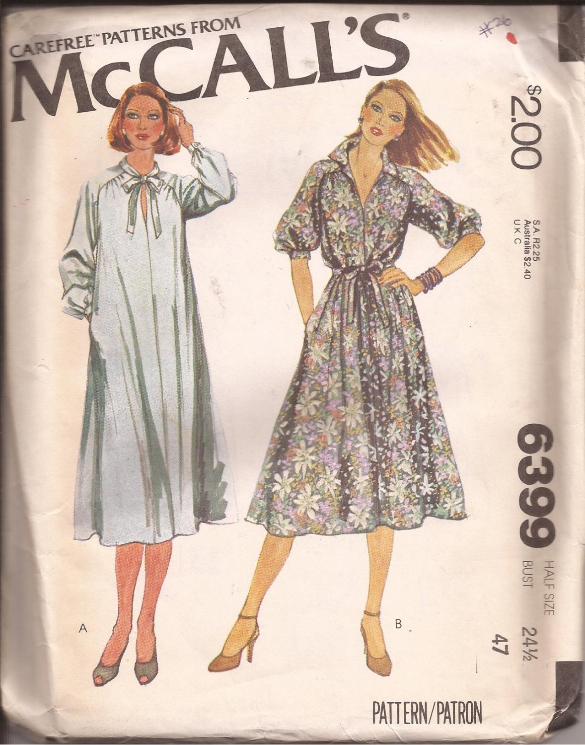 McCalls 6399 (1978) Vintage Raglan Sleeve Pullover Half Size Dress ...