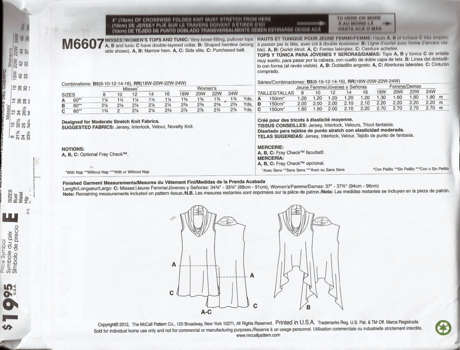 McCalls 6607 (2012) Low Cowl Neck Top Tunic Pattern Plus Size 18W 20W ...