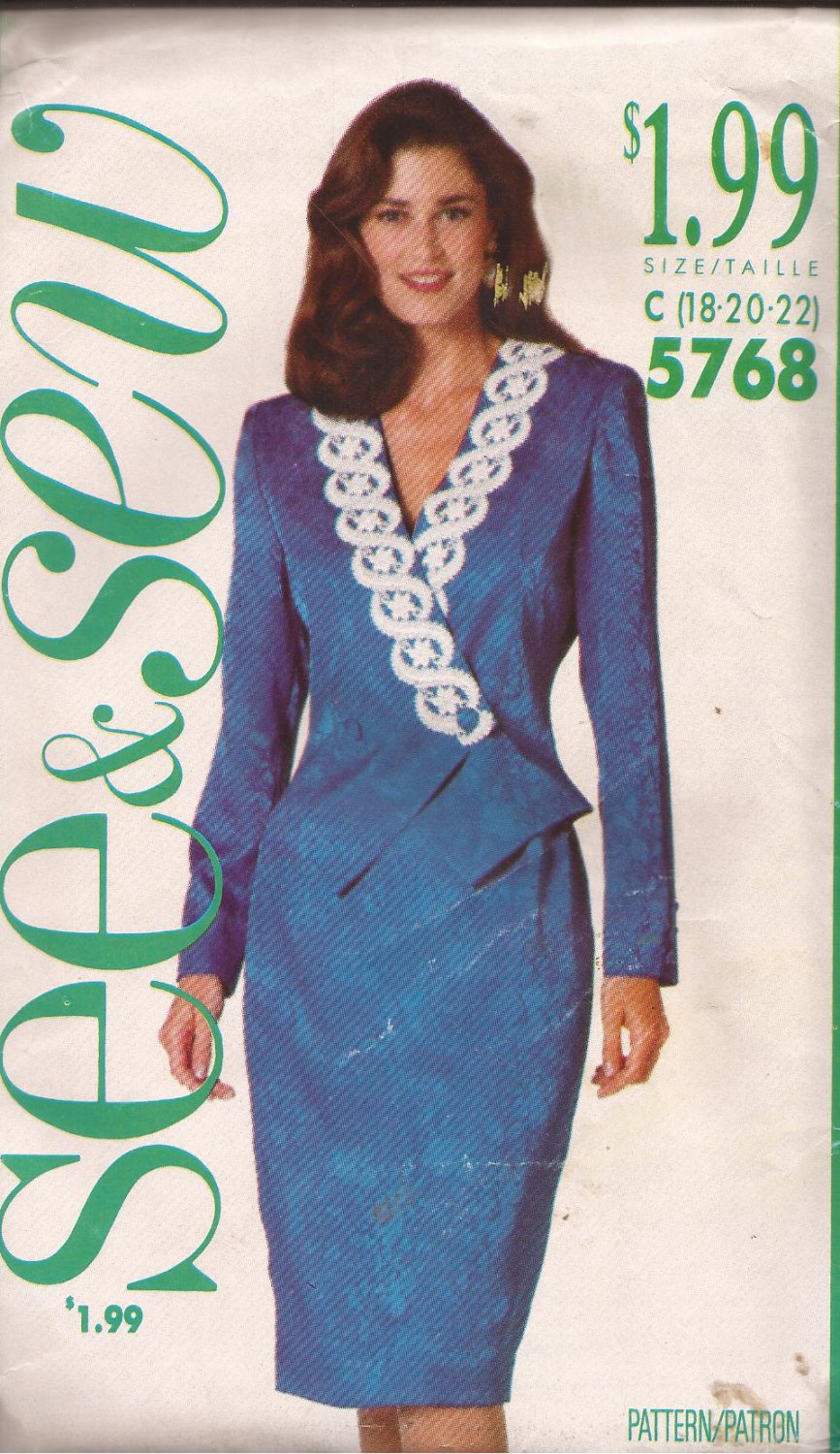 Butterick 5768 (1991) Double Breasted Top Skirt Suit Pattern Size 18 20 ...