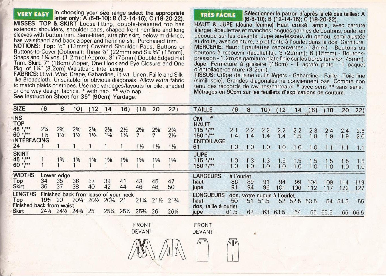 Butterick 5768 (1991) Double Breasted Top Skirt Suit Pattern Size 18 20 ...