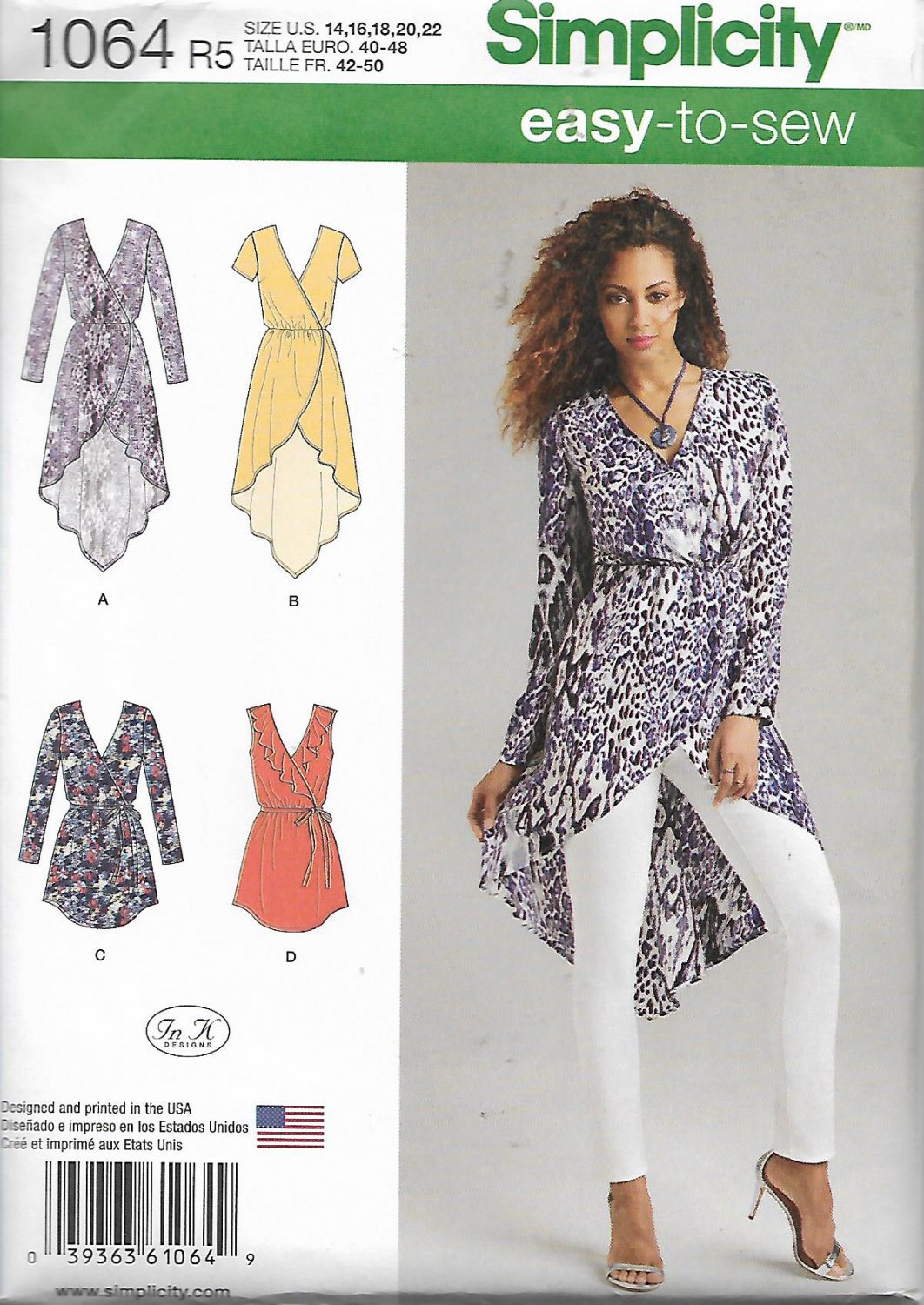 Simplicity 1064 (2015) Wrap Tunic Top Blouse Tie Belt Pattern Size 14 ...