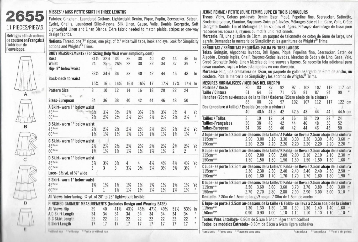 Simplicity 2655 (2009) Misses Petite Skirt Length Detail Variations ...