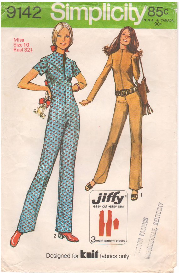 Simplicity 9142 (1970) Vintage Front Zip Long Short Sleeve Jumpsuit ...