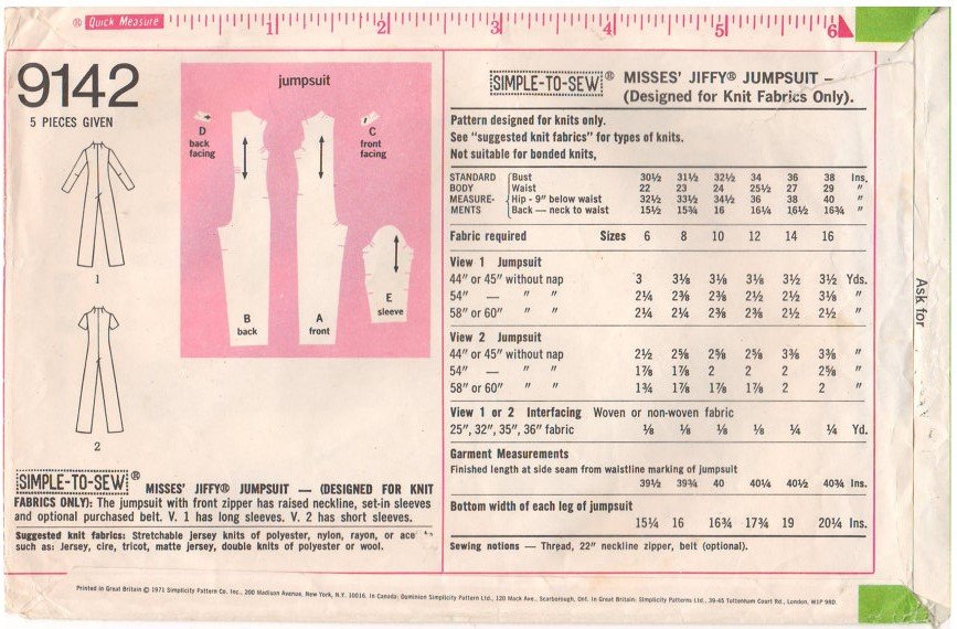 Simplicity 9142 (1970) Vintage Front Zip Long Short Sleeve Jumpsuit ...