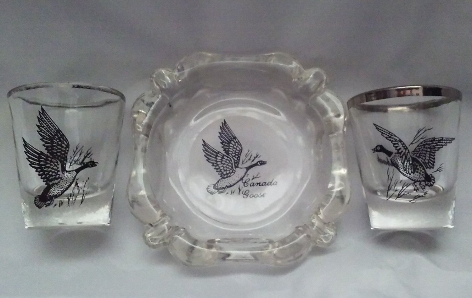 Federal Glass Company Duck Shot Glasses Matching Ash Tray Canada Goose ...