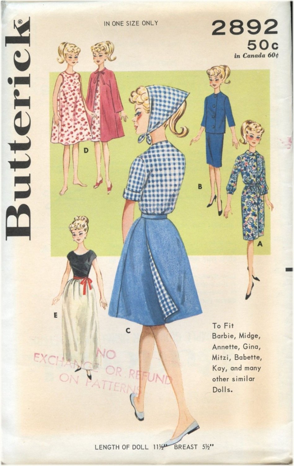 BUTTERICK 2892 SEWING PATTERN UNCUT 11-1/2" Fashion Doll CLOTHES
