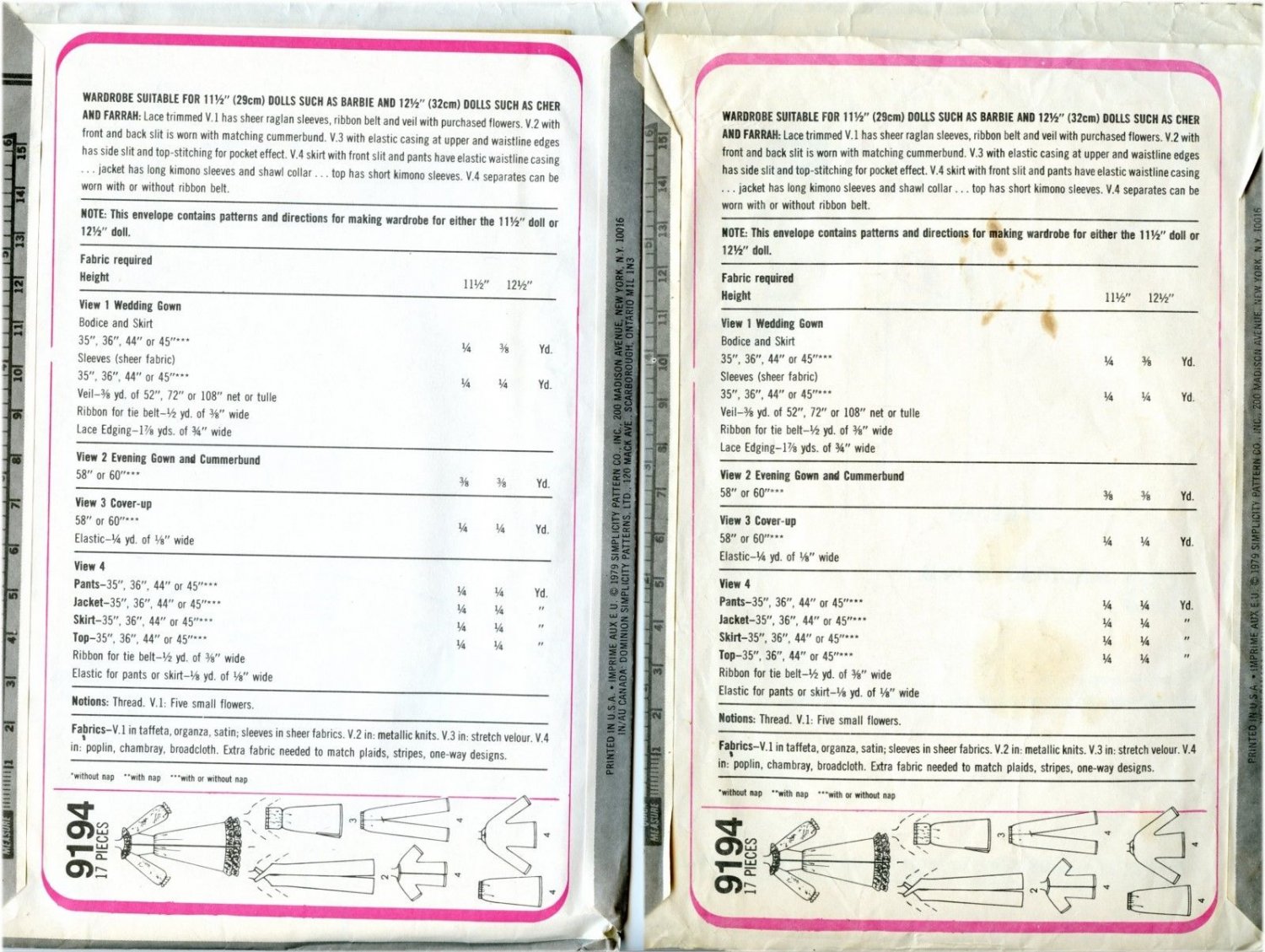 3 Simplicity 9194 Patterns for 11-1/2" Fashion Doll Clothes Cher Farrah