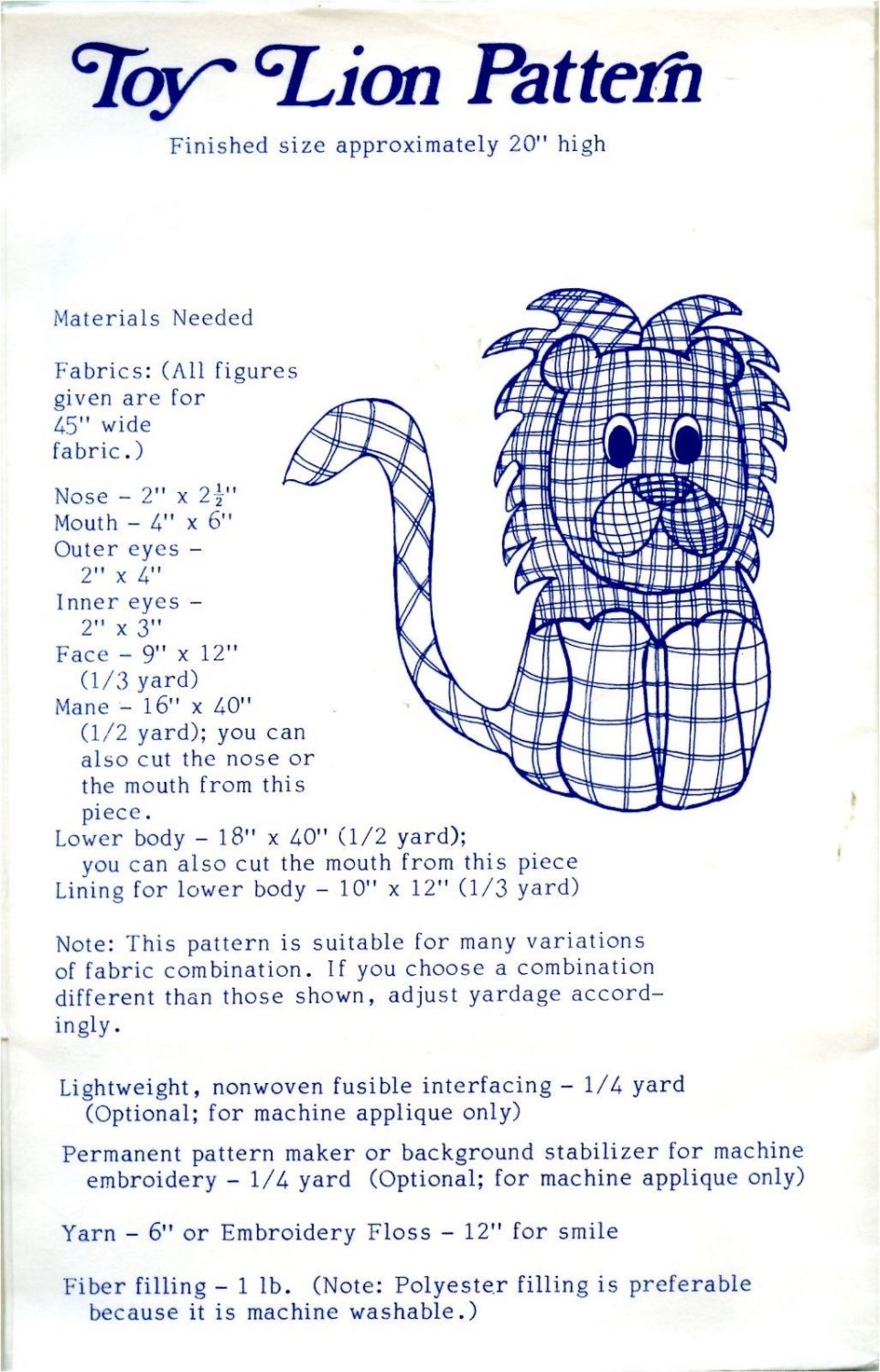 Toy Lion A Patchwork Pattern and Instructions by Yours Truly 20" Animal