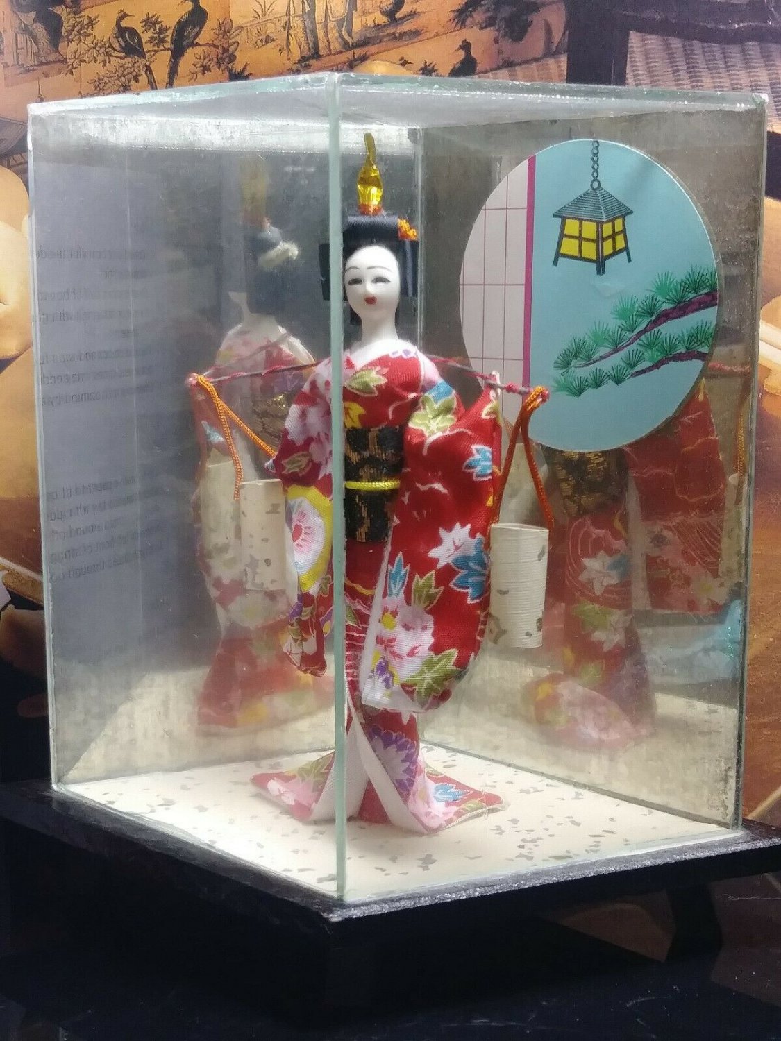 OMC Japan Mini Geisha Doll Flowered Kimono Glass Display Otagiri ...