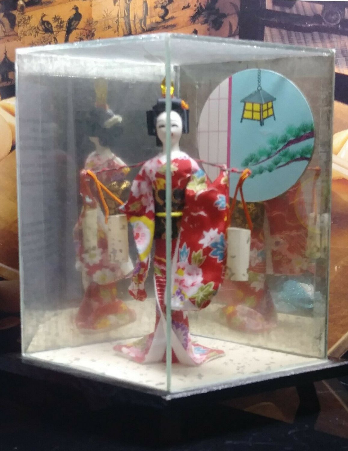 OMC Japan Mini Geisha Doll Flowered Kimono Glass Display Otagiri ...