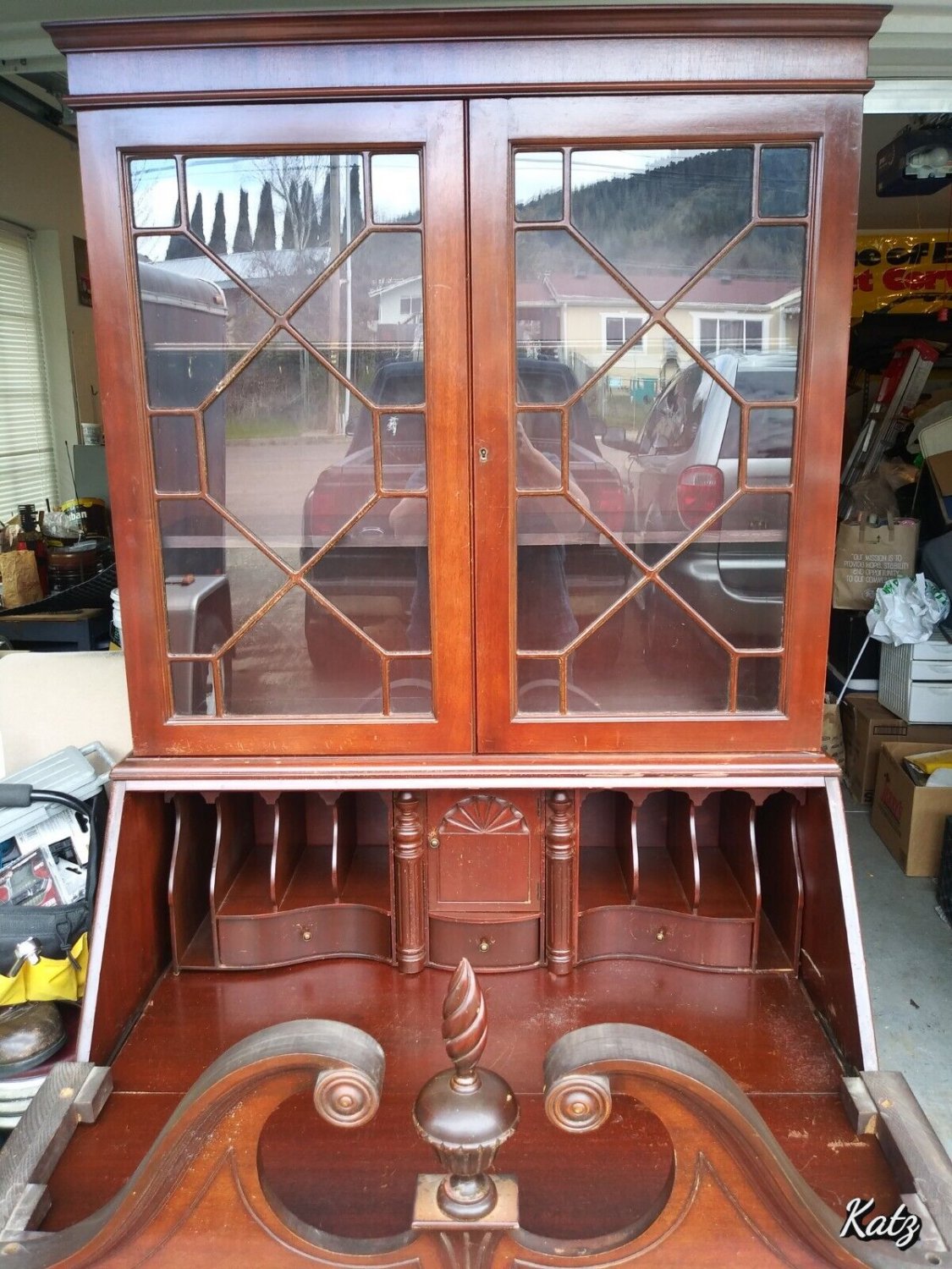 Large Antique Mahogany Secretary Desk Drop Lid Hidden Compartments