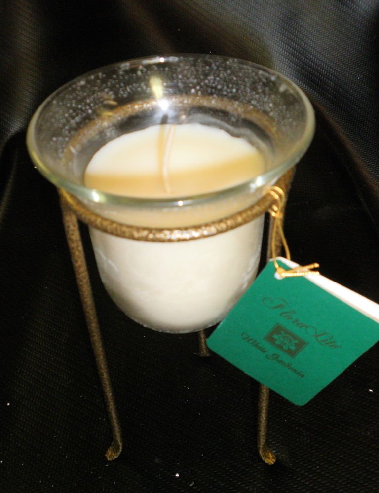 Flora Lite White Gardenia Bell Jar Candle In Gold Hammered Metal Stand ...