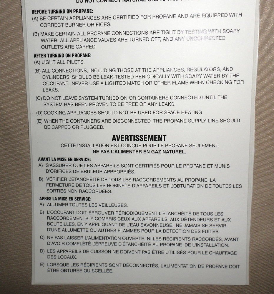 RV Decal Warning: This System Designed For Use W/ Propane Only English ...