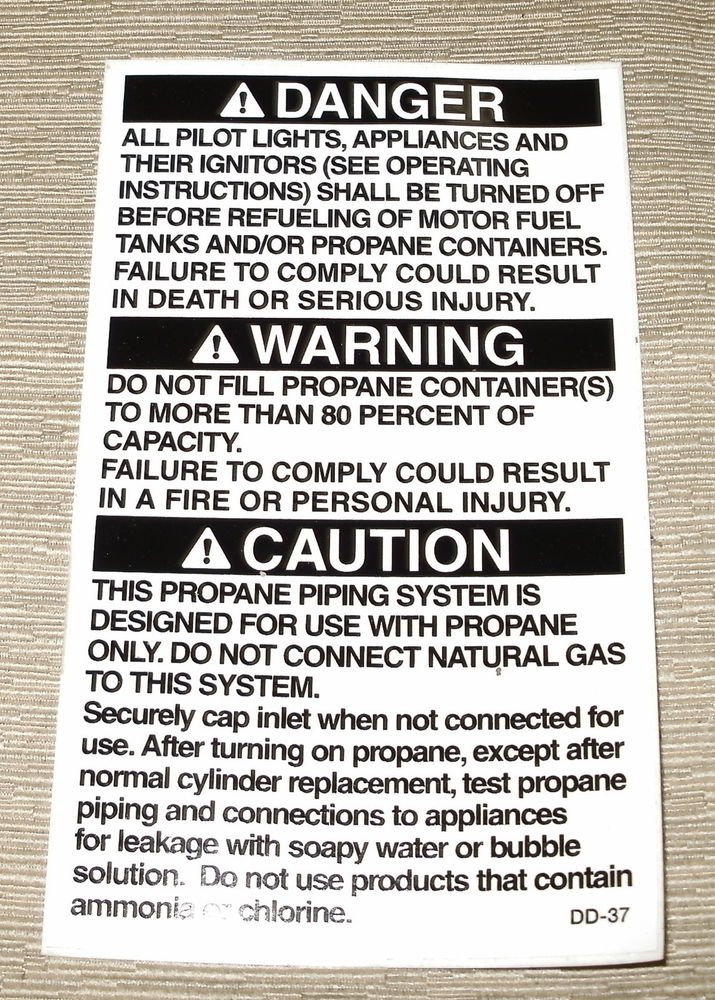 RV Safety Decal "DANGER; Warning; Caution;" Size: 3 1/4" x 5 1/2" #DD-37