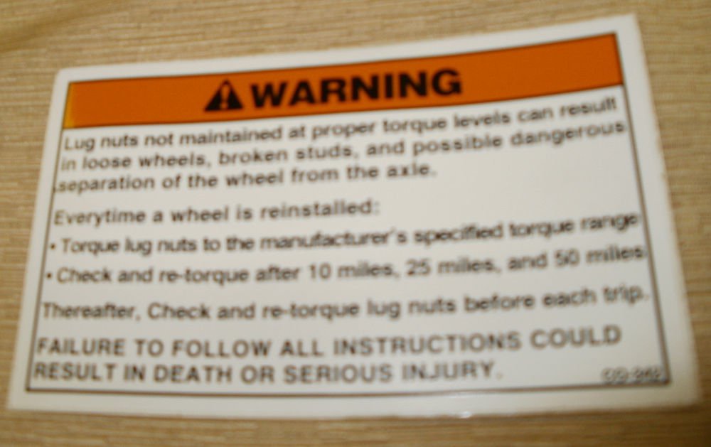 RV Safety Decal "WARNING:lug Nut Maintainance" Size: 5" x 3" #CO-342