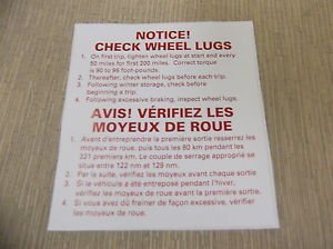 RV Safety Decal "Notice! Check Wheel Lugs" Bi-Lingual UPC:710534473859