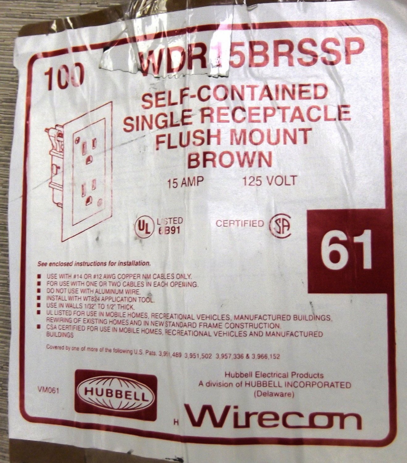 Hubbell/Wirecon Brown Self Contained Single Flush Mount Receptacle # ...