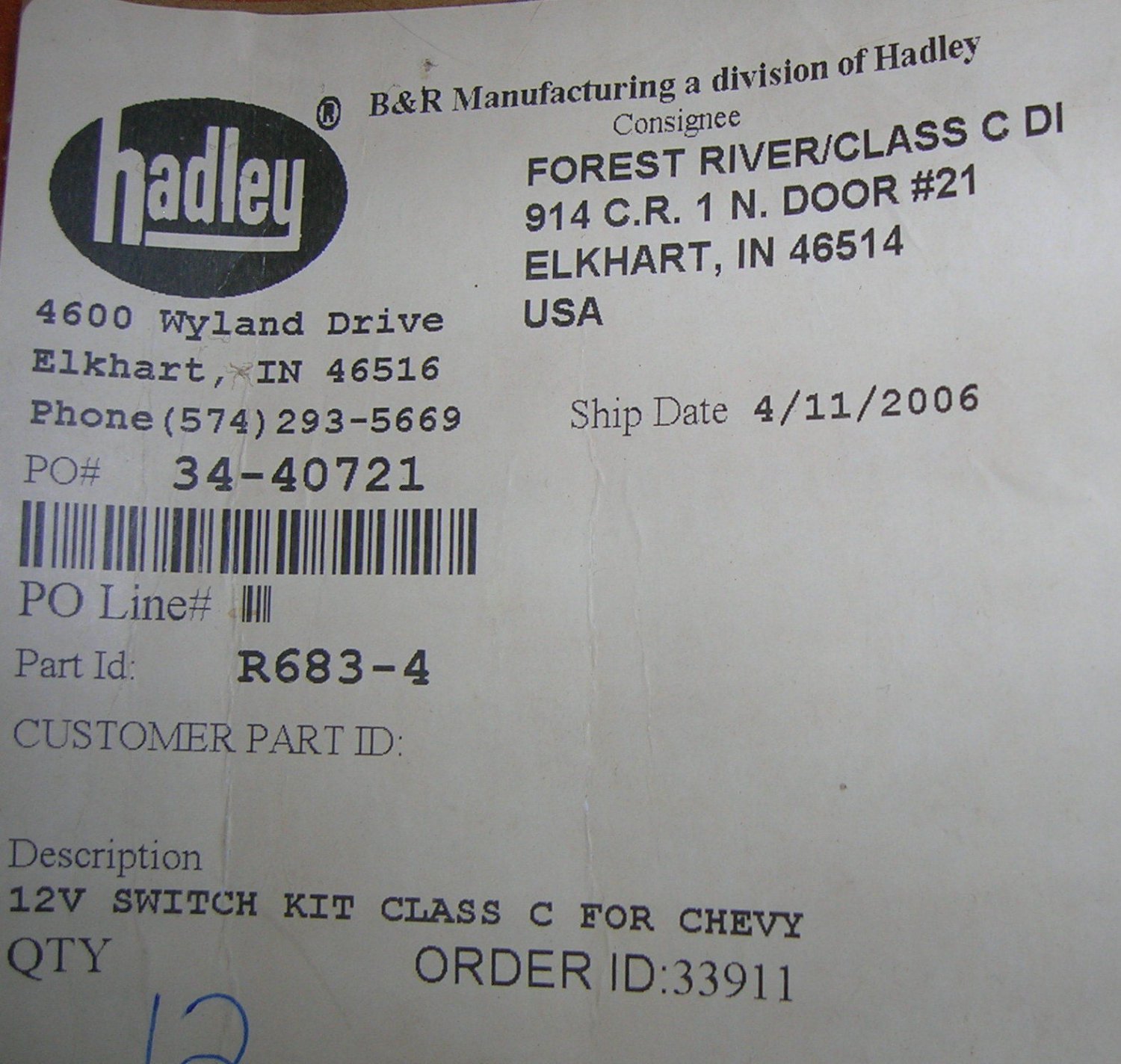 Hadley 12V Door Mirror Control Switch For Class C Chevy #R683-4 UPC ...