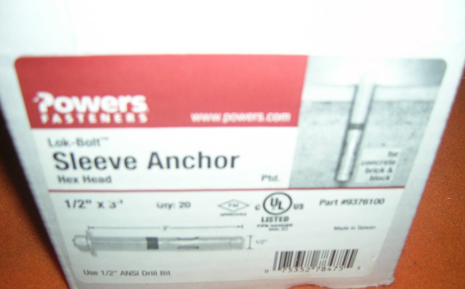 Powers Fasteners Lok-Bolt Sleeve Anchor Hex Head 1/2" X 3" Qty: 20 #9376100