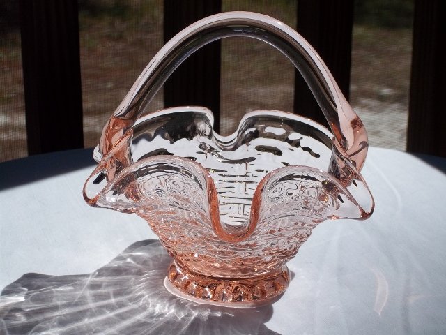 Vintage Peach Color Glass "Basket" Bowl with Handle