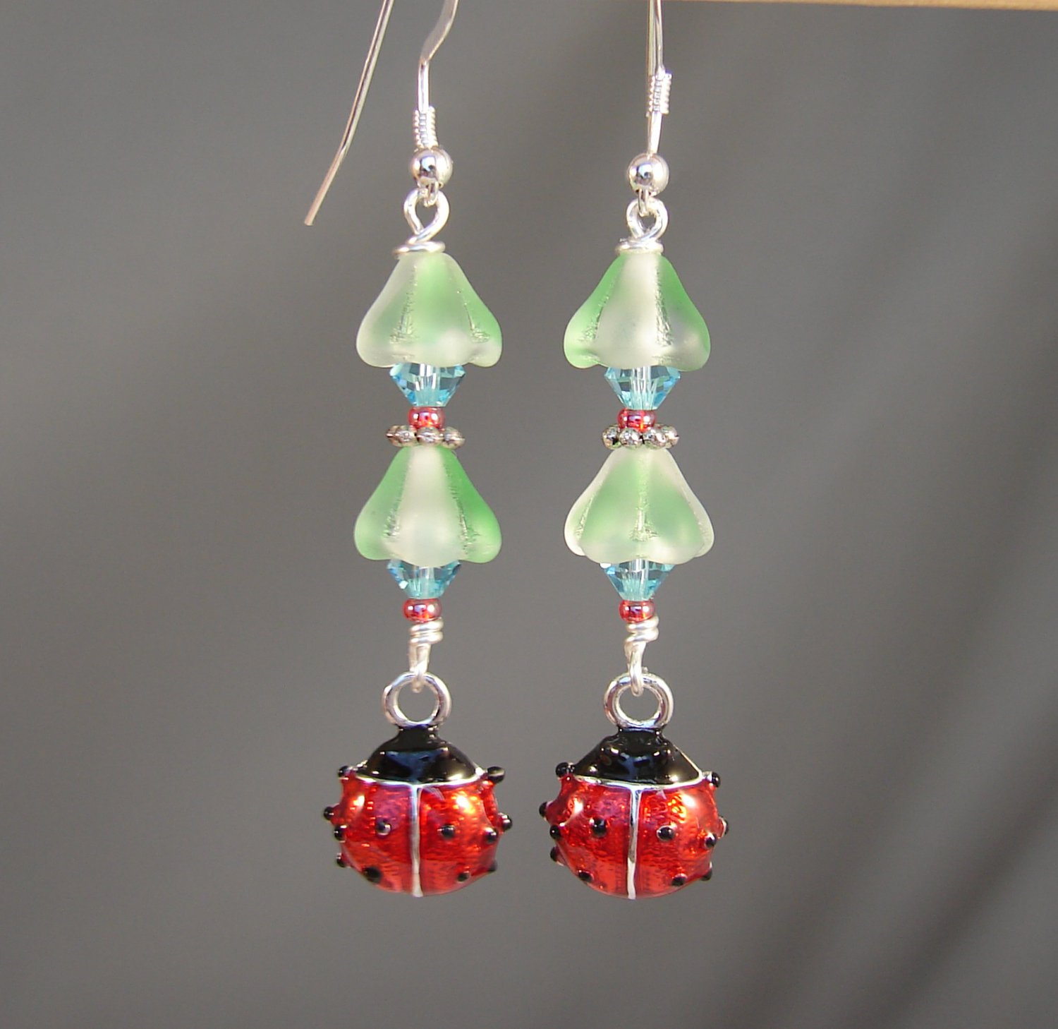 Red Ladybug Earrings w/ Green Glass Flowers and Swarovski Crystals
