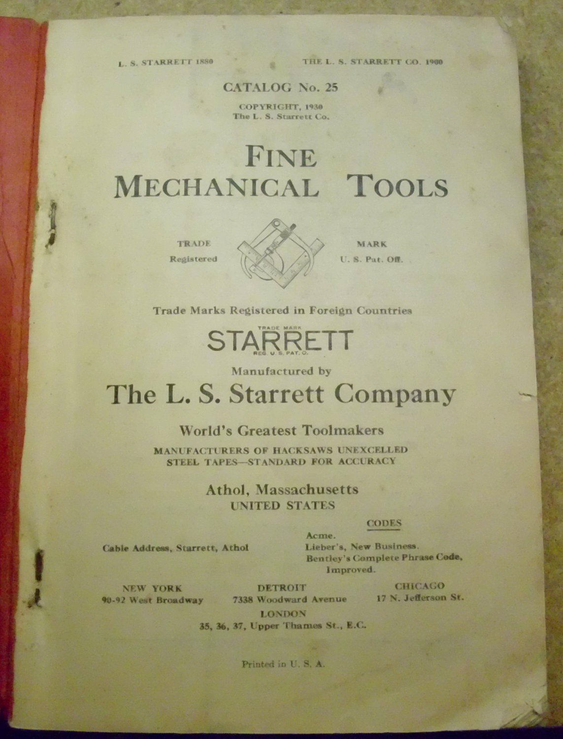 Starrett tool catalog 25, Anniversary edition, year 1930.