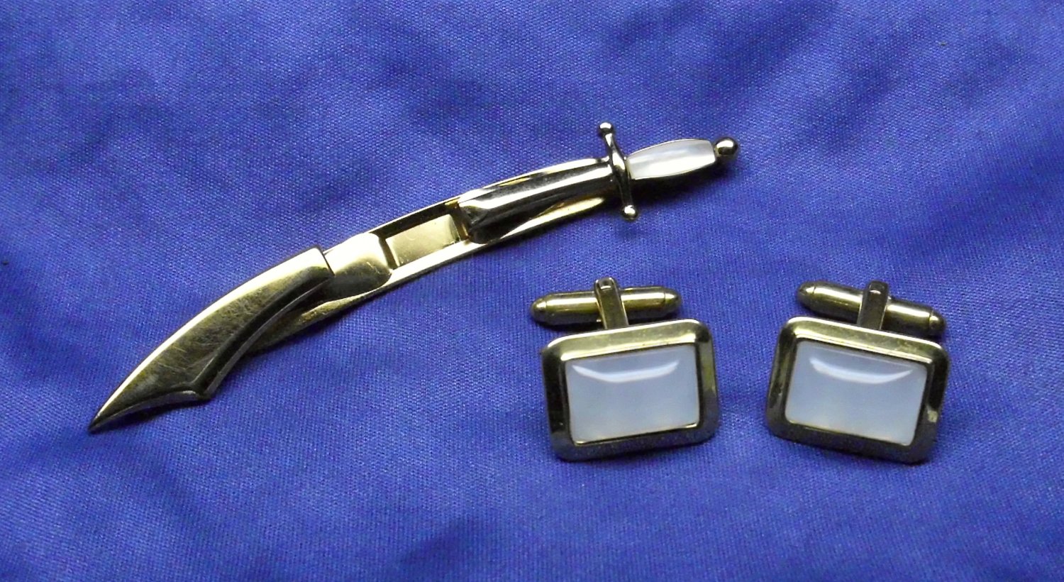 Vintage Swank, Cufflinks and Tie clip, goldtone, cloudy white stones ...