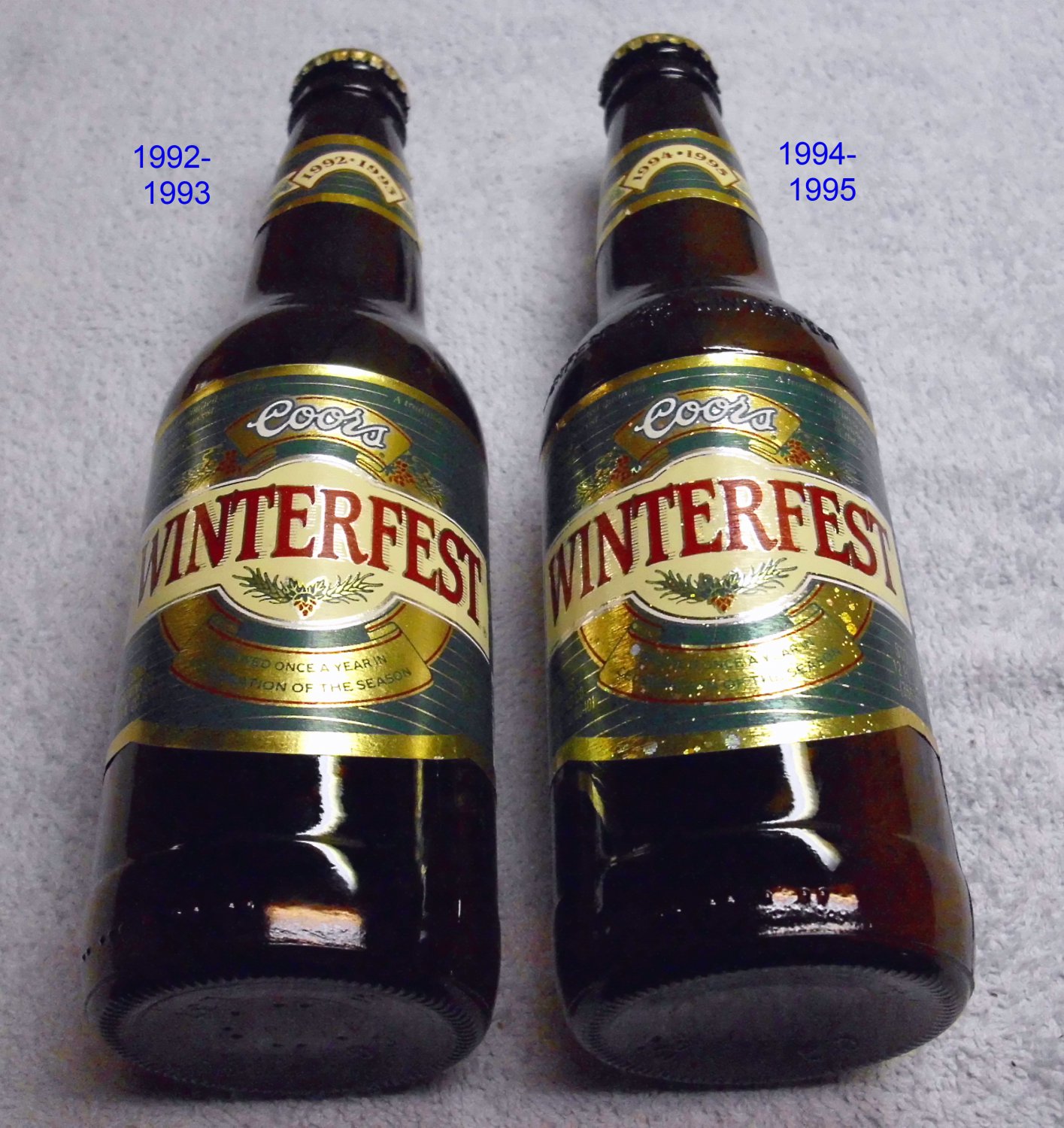 Coors Winterfest series 1987-1997 (8) beer bottles with one 6 pack carton.