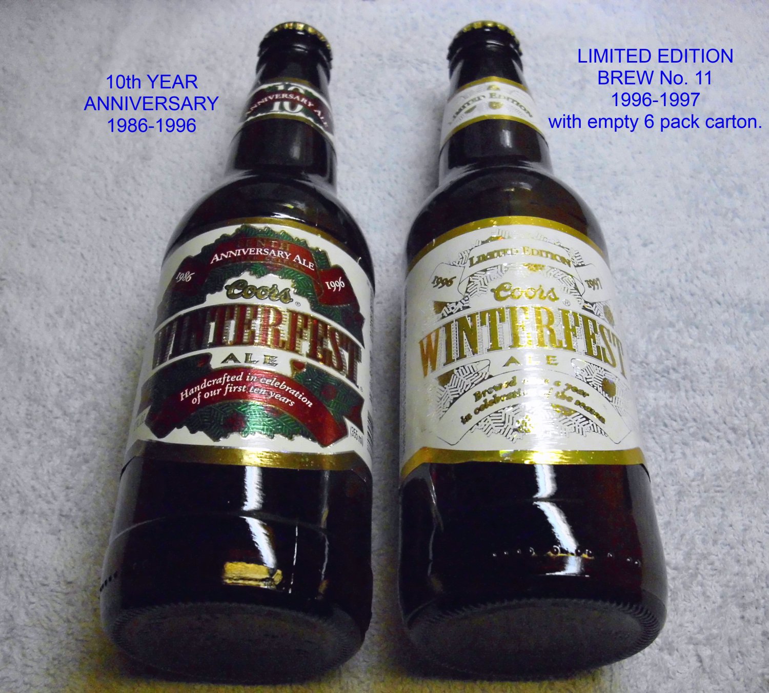 Coors Winterfest series 1987-1997 (8) beer bottles with one 6 pack carton.