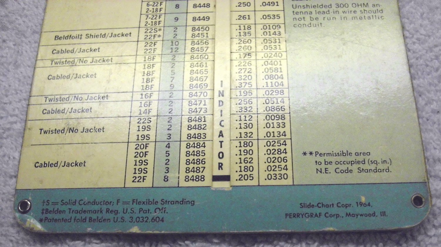 Belden wire, conduit capacity slide rule chart 1964, by Perrygraf.