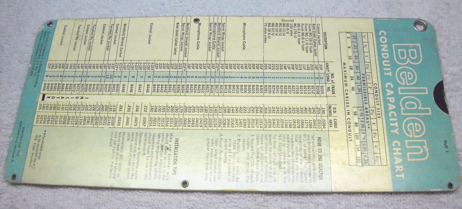 Belden wire, conduit capacity slide rule chart 1964, by Perrygraf.