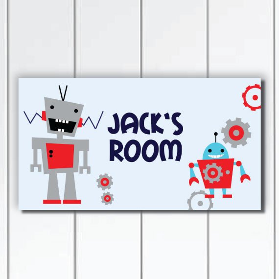 Personalized Kids Robots Door Sign Plaque, Nursery Wall Hanging