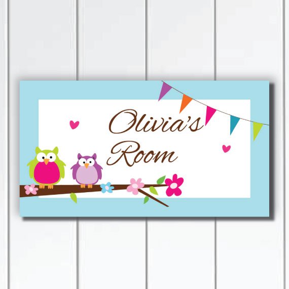 Personalized Girls Door Sign Plaque, Colorful Owls with flower and ...