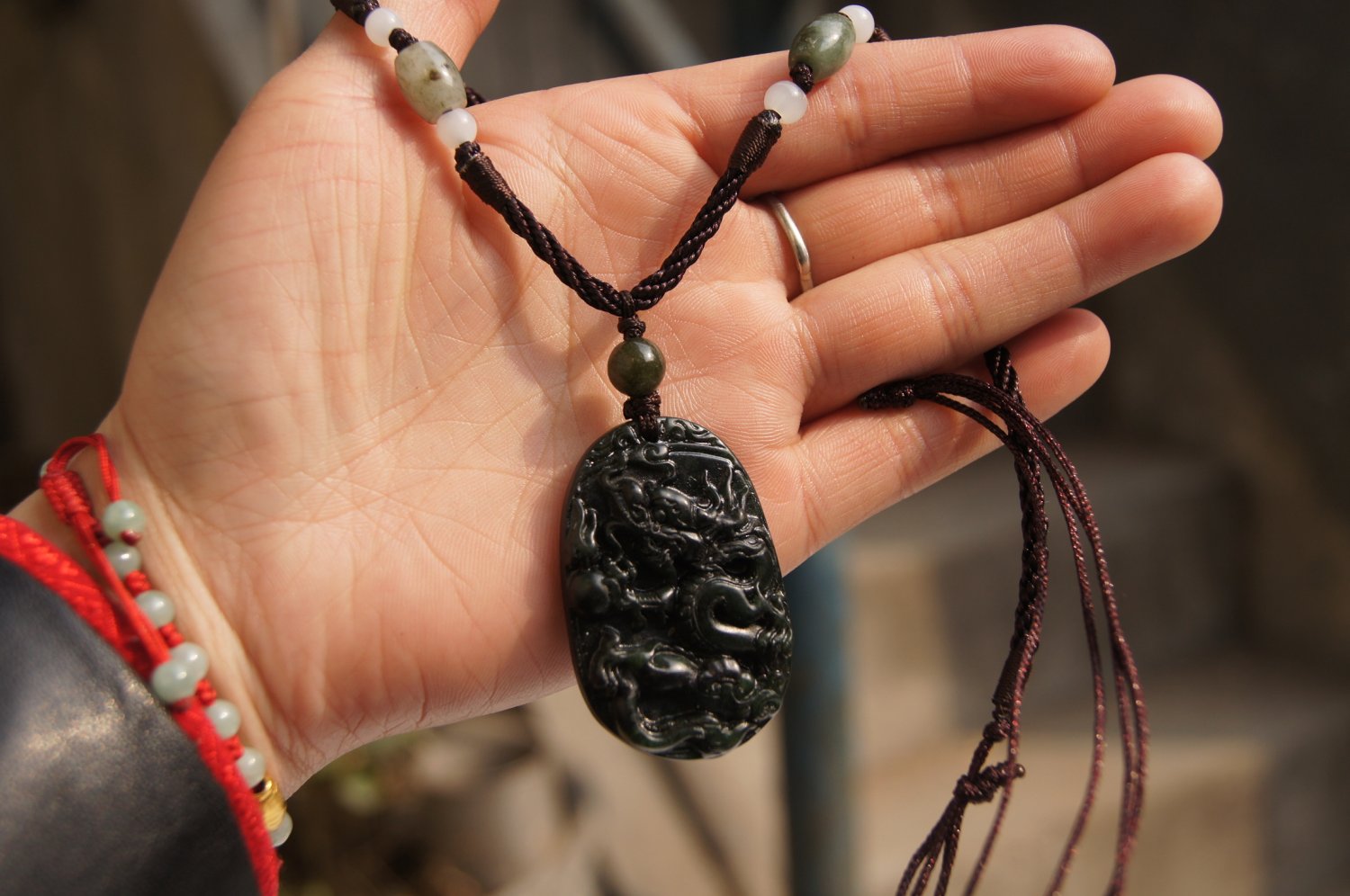 Natural dark green jade amulet pendant. Elliptic (Long) .2012 Year of ...