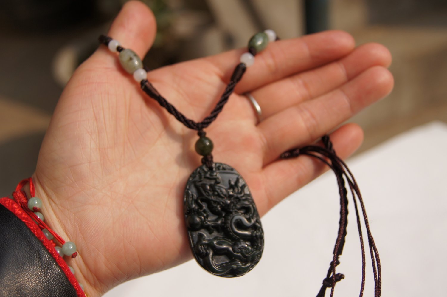 Natural dark green jade amulet pendant. Elliptic (Long) .2012 Year of ...