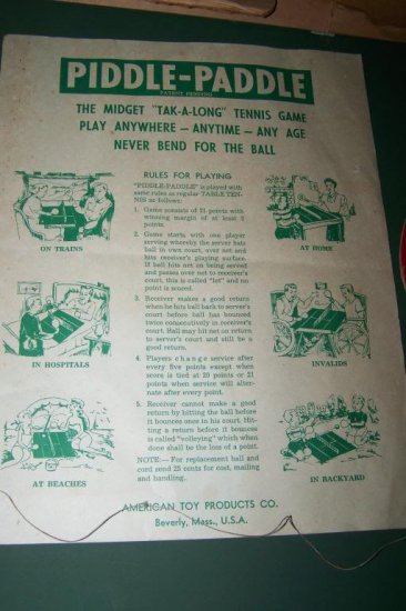 Vintage 1950s PIDDLE-PADDLE Travel TABLE TENNIS Set Game