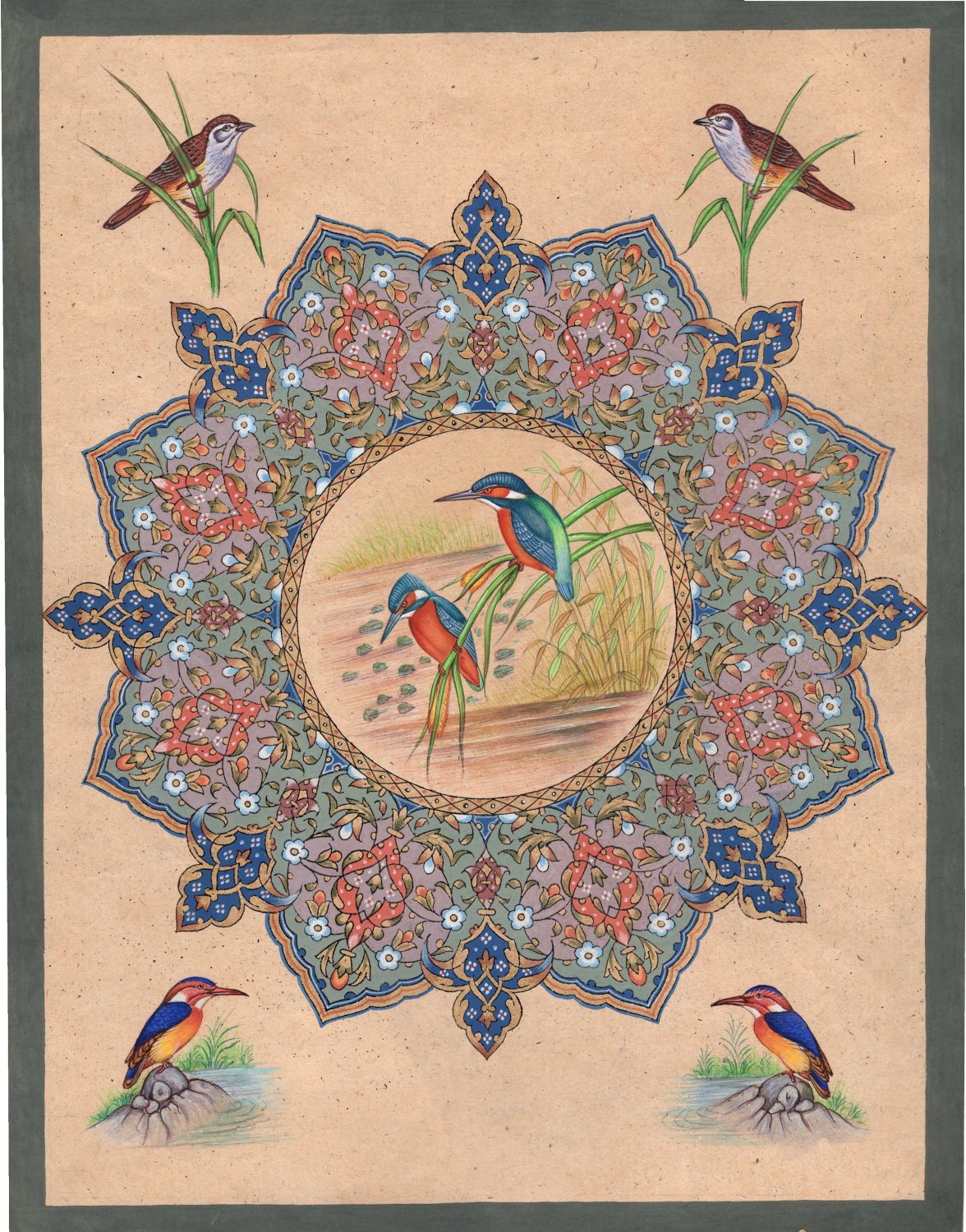 Islamic Floral Motif Bird Painting Handmade Miniature Decor Nature ...