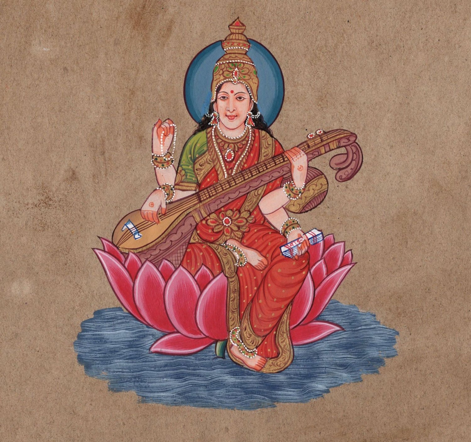 Saraswati Painting Handmade Hindu Goddess of Learning Spiritual Ethnic ...