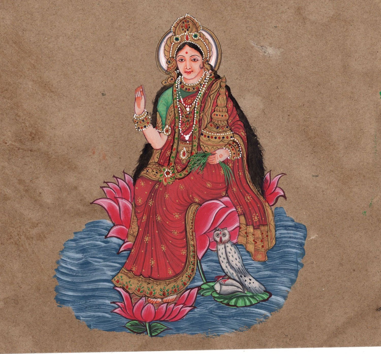 Indian Miniature Painting Bhumi Hindu Goddess Hand Made Art Old Stamp Paper