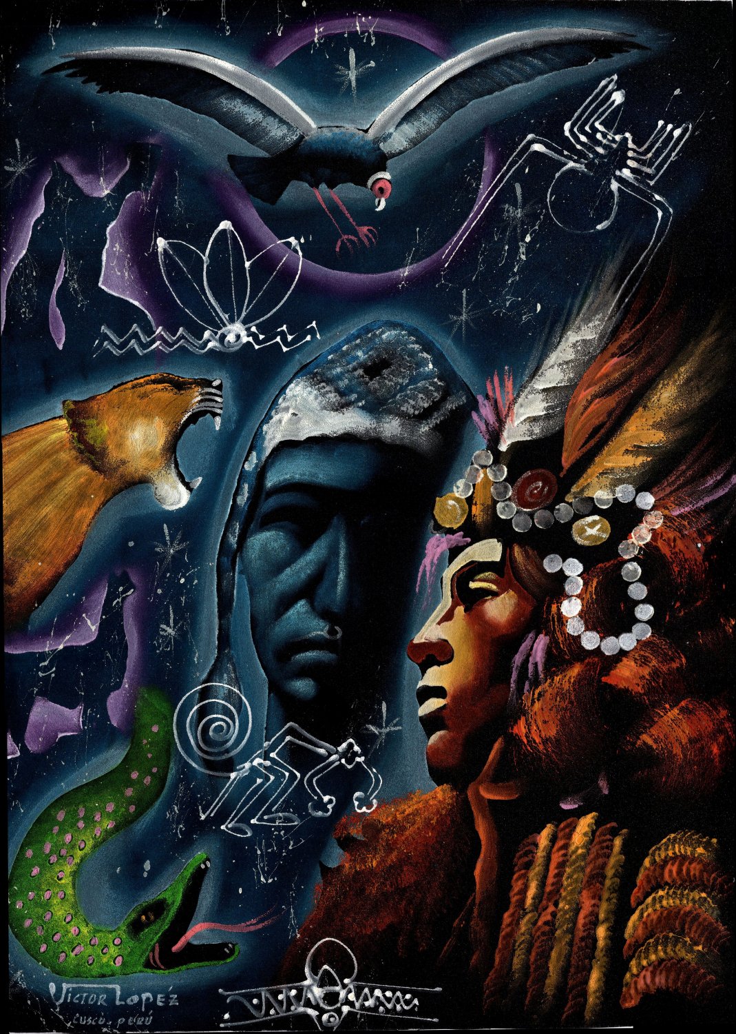 Peruvian Cuzco Art Handmade Oil on Velvet Peru Sacred Animal Inca King ...