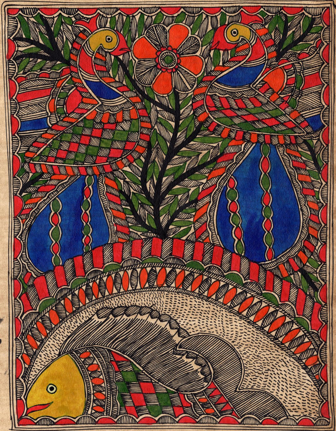 Madhubani Peacock Fish Art Handmade Indian Tribal Folk Mithila Decor ...