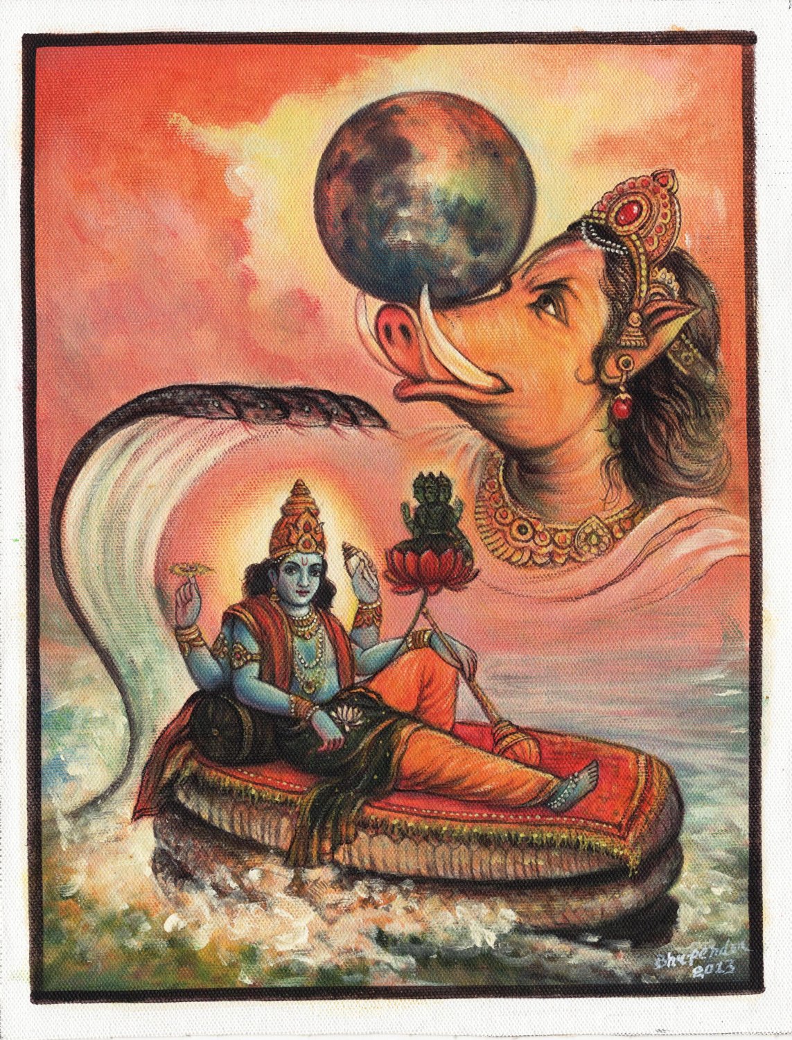 Varaha Vishnu Avatar Oil Color Art Handmade Indian Hindu Brahma Deity ...