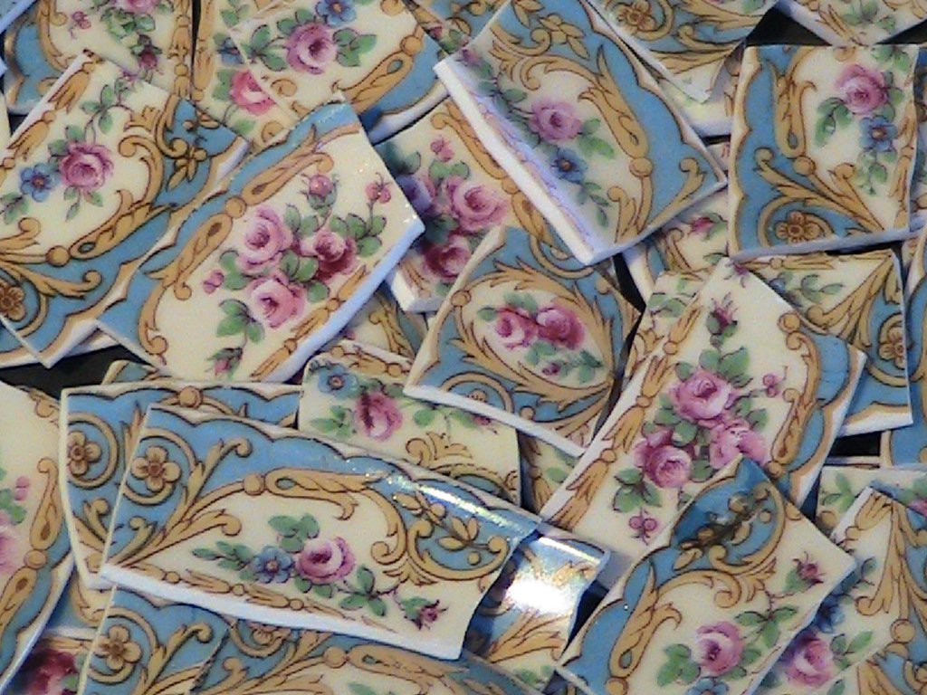 Mosaic Tiles 73 Elegant Roses on Cream w Gold & Blue FREE SHIPPING