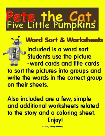 Pete the Cat Five Little Pumpkins Halloween Story Vocabulary Set in PDF
